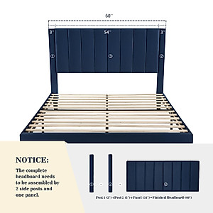 Allewie Queen Platform Bed Frame/Velvet Upholstered Bed Frame with Vertical Channel Tufted Headboard/Strong Wooden Slats/Mattress Foundation/Box Spring Optional/Easy Assembly/Navy Blue