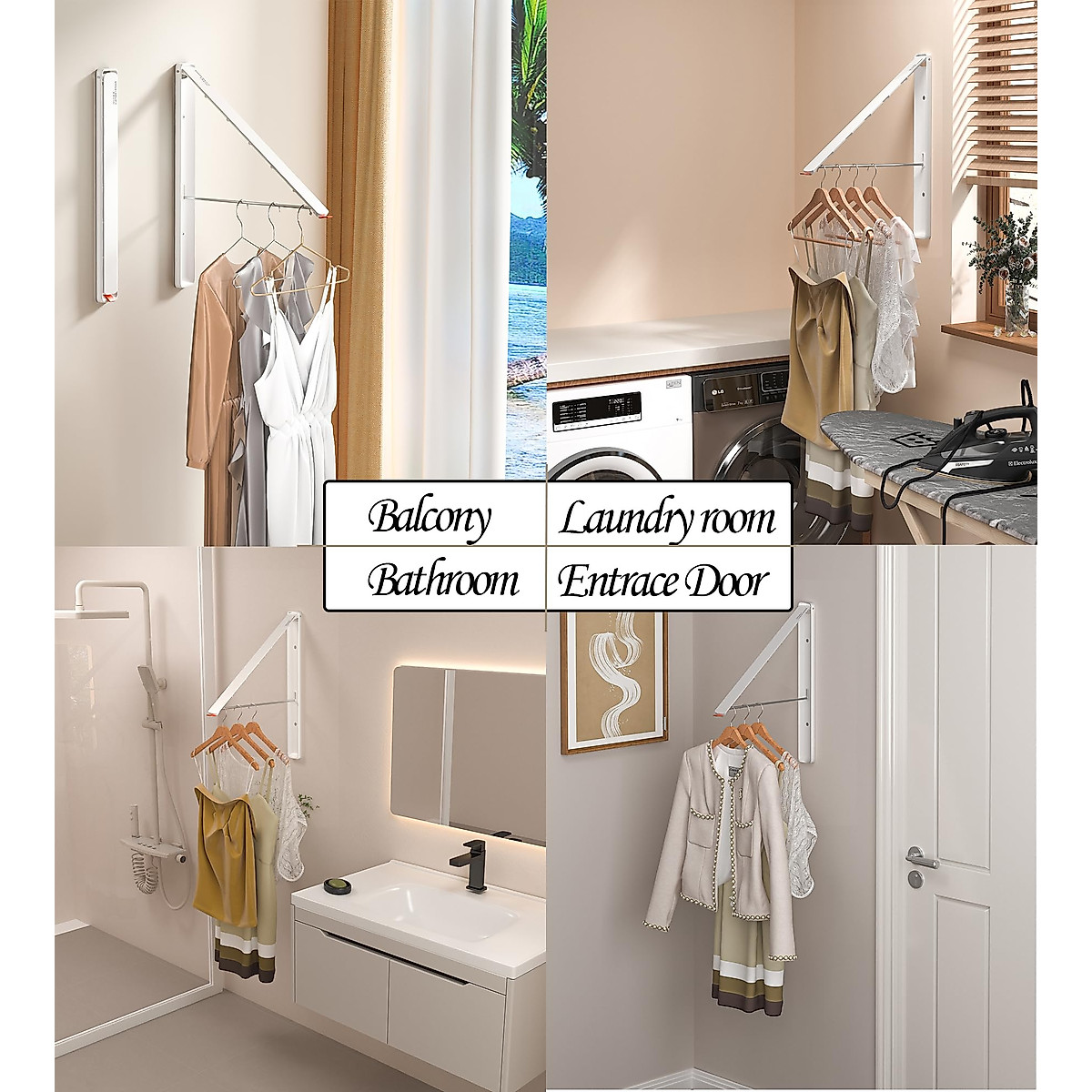 Dr.DJ Clothes Drying Rack Wall Mounted, Retractable & Foldable Clothes Hanger for Laundry Room Organization and Storage, Clothes Hanger Rack for Dorm, Closet, Balcony, Laundry Room(1P, Metal, White)