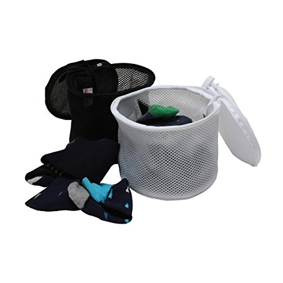 Mesh Laundry Bags - Set of 5 (2 Large, 1 Medium & 2 Premium Round Double Layer Wash Bags - White & Black) for Delicates, Reusable Face Masks, Socks, Baby Items and Laundry Travel Organization