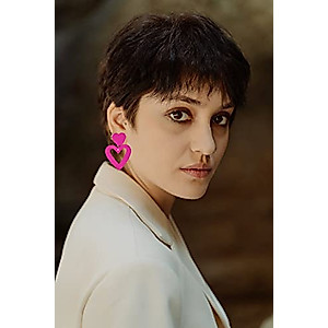 Double Heart Dangle Earrings for Women Teen Girls Red Pink Heart Drop Earrings Hot Pink Heart Earrings Trendy Big Love Heart Earrings for Women Valentine's Day Mother's Day Birthday Jewelry Gift (Pink)