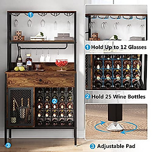 Litter Tree 32-Bottle Wine Rack, Freestanding Wine Bar Rack, Coffee Bar Cabinet with Glass Bottle Holder, Floor Liquor Wine Cabinet Wine Bakers Rack for Home Kitchen, Dining Room, Rustic Brown