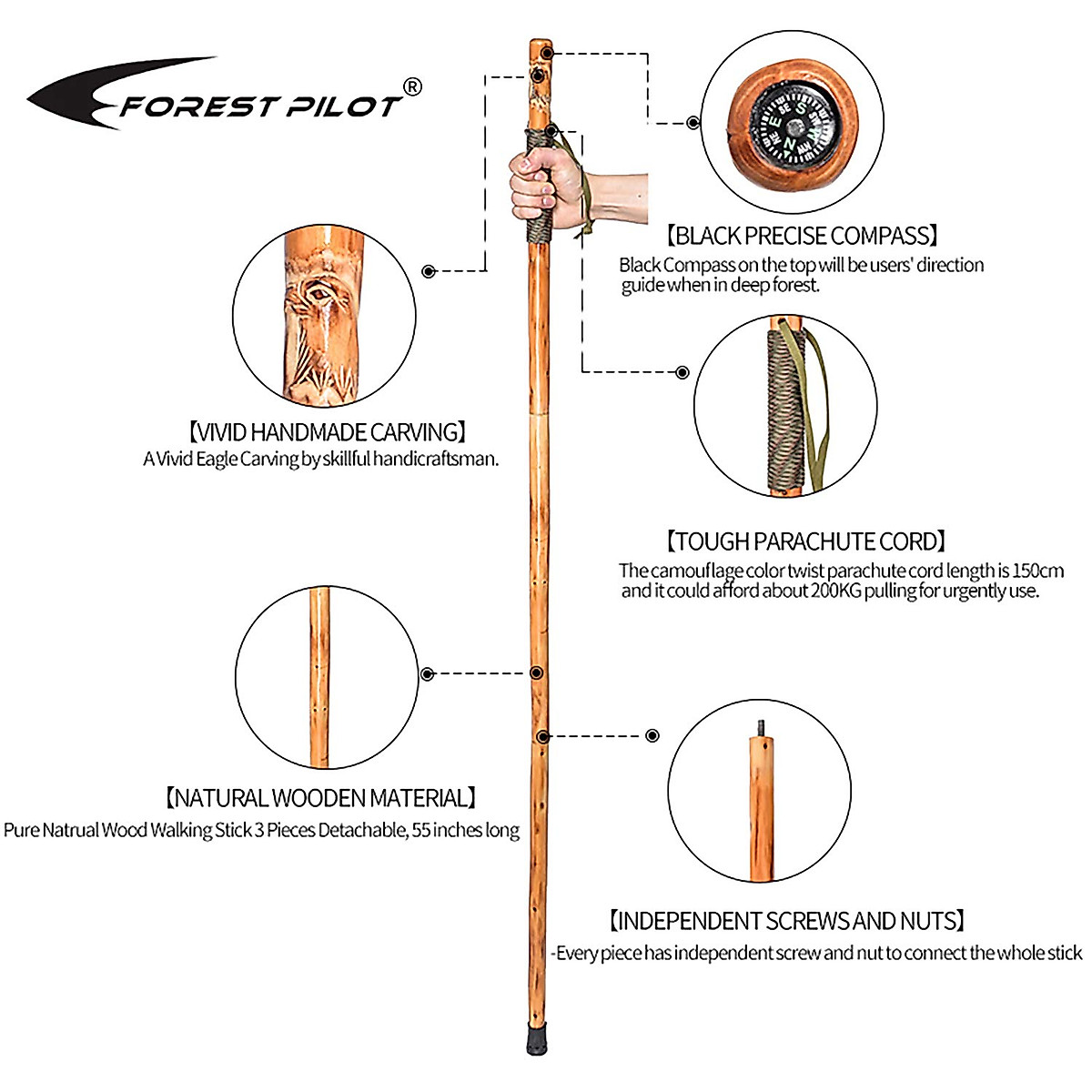 FOREST PILOT 3 Piece Detachable Fir Wood Walking Stick Eagle Carving with a Compass(Nature Color, 55 Inches, 1 Piece)…