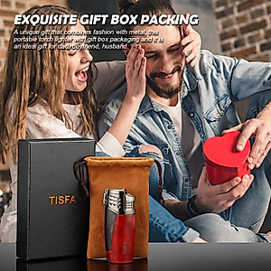 TISFA Torch Lighter Triple Jet Flame Cigar Lighter, Refillable Butane Lighter with Built in Cigar Punch and Fuel Visible Window, Adjustable Windproof Pocket Lighters for Smoking with Gift Box (Red)