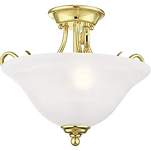 2 Light Polished Brass Ceiling Light Fixture with White Alabaster Glass Shade
