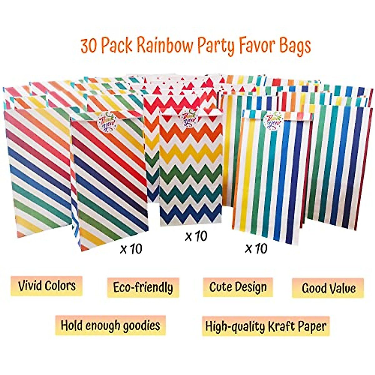 30 Pack Rainbow Party Favor Bags, Goodie Bags for Kids with Stickers, Vivid Stripes Chevron Paper Treat Bags, Food Safe, Biodegradable for Party Supplies, School Lunches, Baby Shower, Birthday Parties (3 Designs)