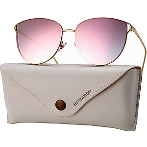U.I STATION Oversized Mirrored Sunglasses for Women, Cat Eye Sunglasses, Rimless Sunglasses with Sunglasses Case (pink), Large