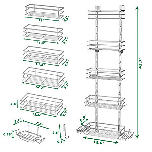 Over the Door Shower Caddy, 5-Tier Adjustable Hanging Shower Organizer Rustproof Metal Bathroom Storage Shelf Shower Basket with Soap Holder & Suction Cup for Shampoo, Conditioner, Sliver