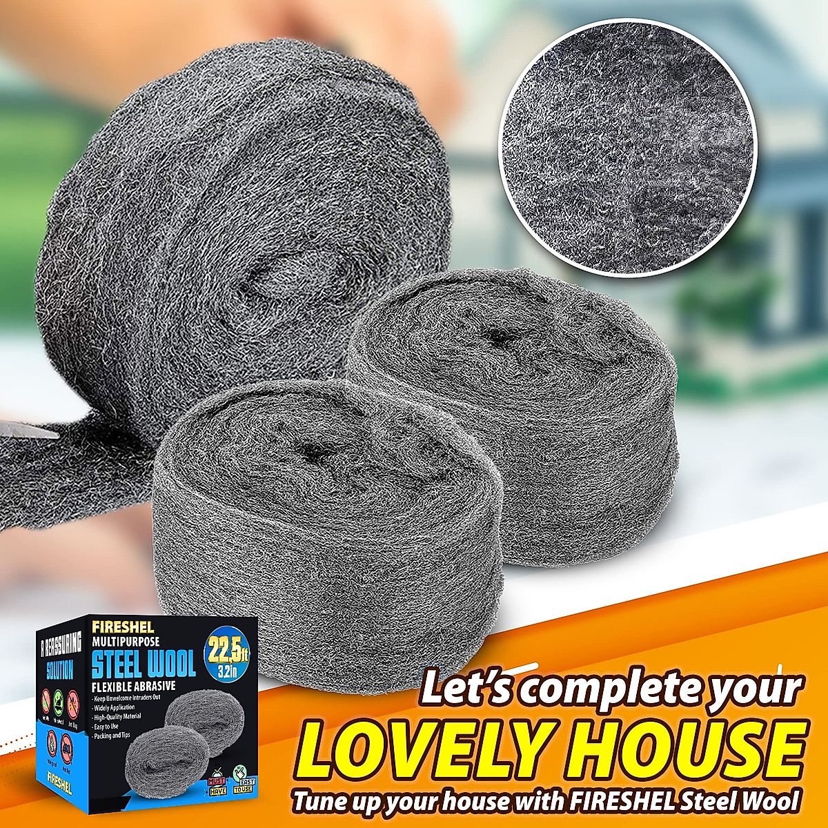 Steel Wool Mice Fabric Roll Control 2 Pcs Total (3.2”x 22.5 Feet) - Gap Fill Fabric - Block Holes, Wall Cracks, Cleans Rusty Tools, Hardware DIY Kit - One Pair of Gloves and Scissor Included