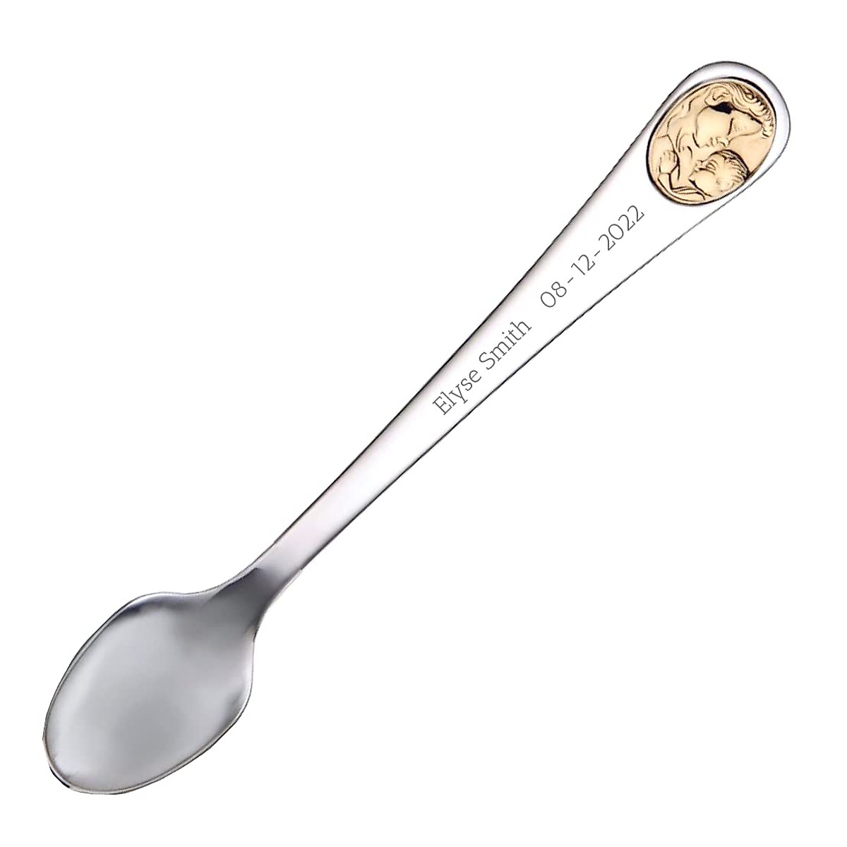 Personalized Baby Feeding Spoon | Custom Engraving Name & Birthdate | Keepsake Gift (Golden Mother & Baby)