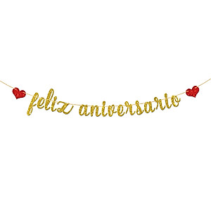 T-minimalist Feliz Aniversario Banner, Spanish Happy Anniversary Theme Party Decorations, Fiesta Mexican Theme Sign Gold 9.5 Feet