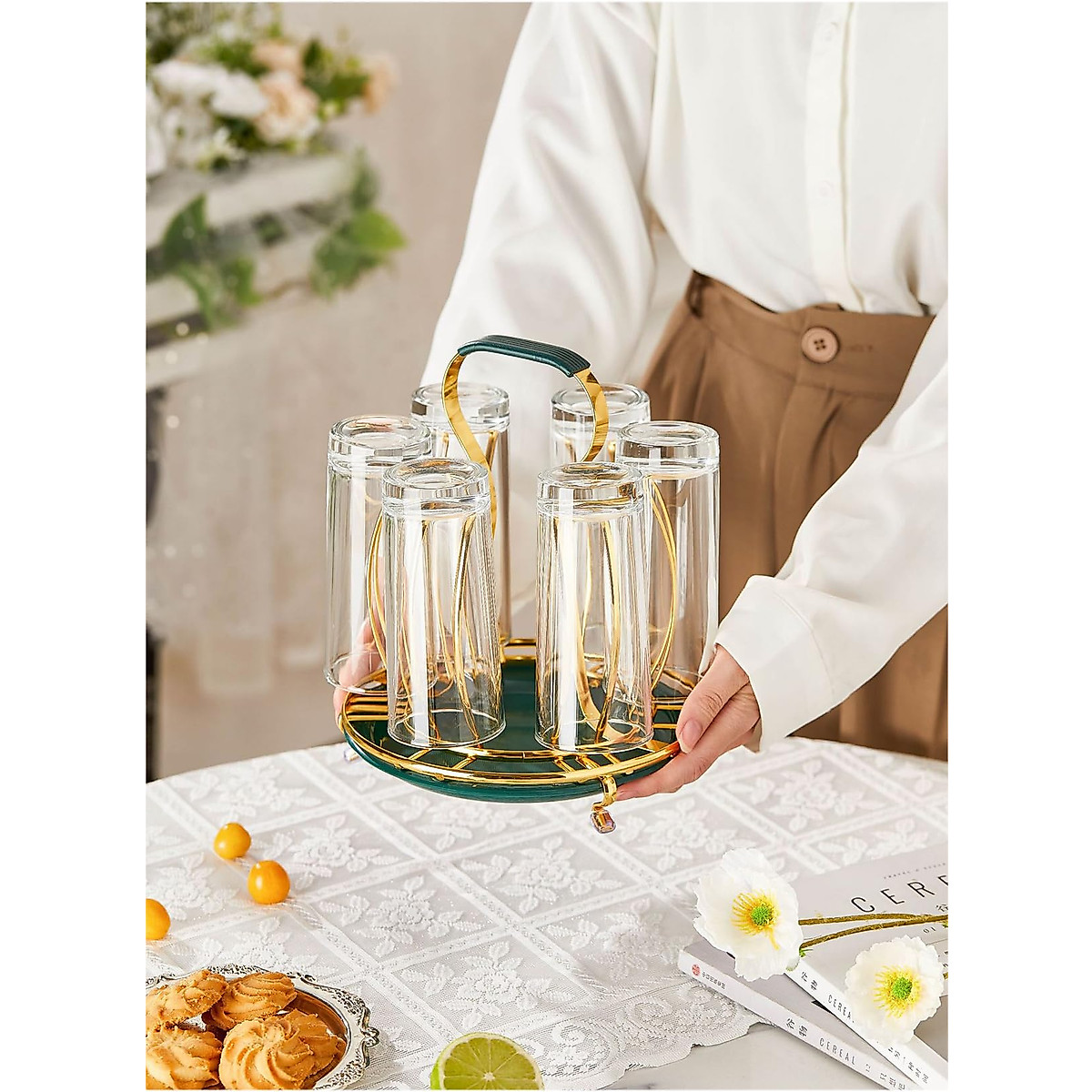 Alunsito Cup Drying Rack Beer Glasses Stand 6 Mugs Metal Drainer Holder Non-Slip Mugs Organizer with Handle for Sink, Coffee Table, Outdoor