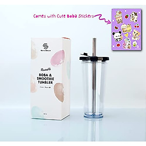 24 oz Reusable Boba Cup Smoothie Tumbler with Resealable Lid Plug, Double Wall Insulated, Boba Tea Kit, Leakproof Bubble Tea Cup, Reusable Boba Straw for Boba Pearls, Bubble Tea Kit, Boba Kit (Black)