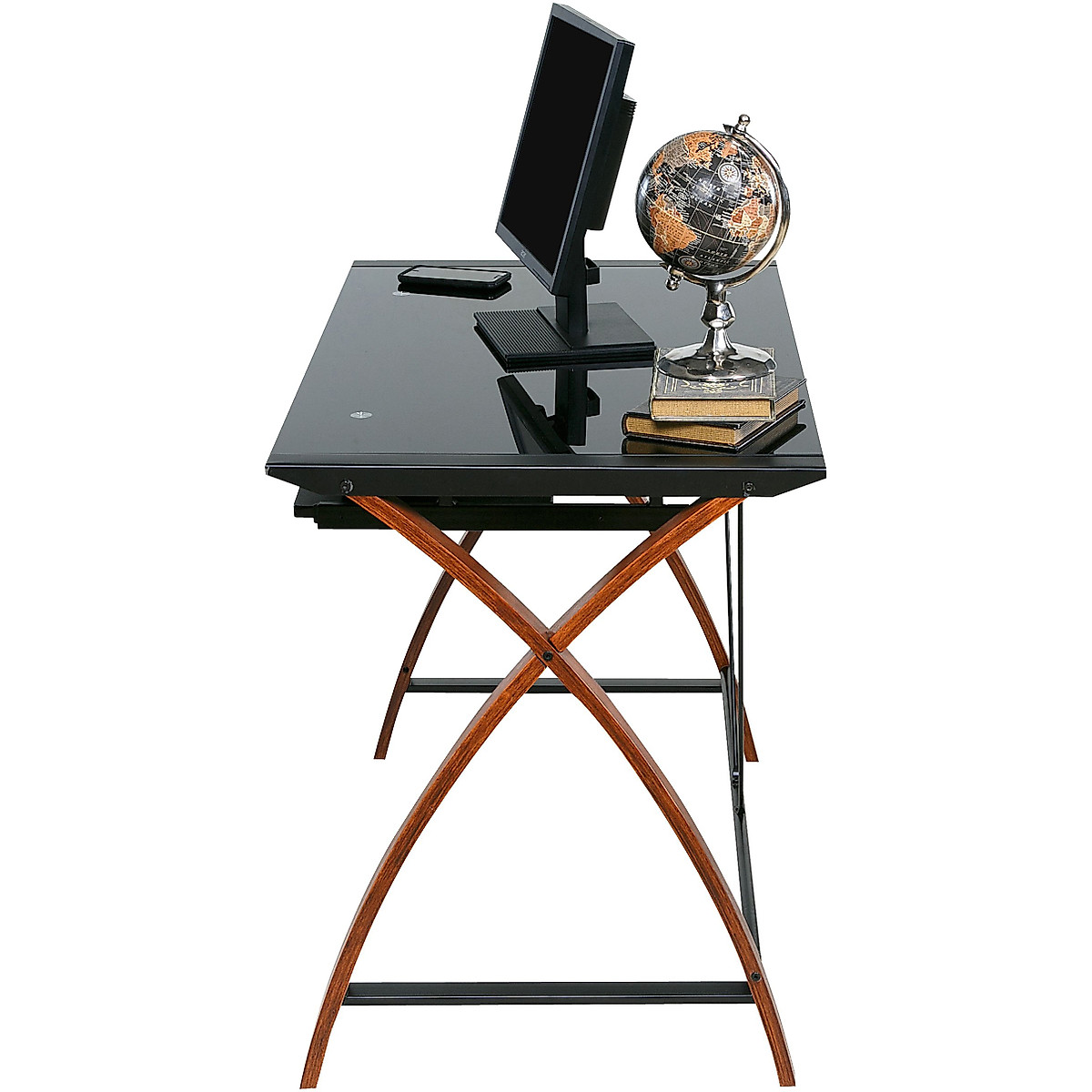 OneSpace Glass and Wood Computer Desk with Pullout Keyboard Tray and Black Glass Desktop, Black/Brown
