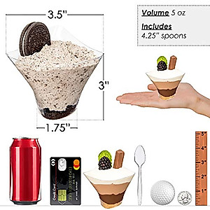 DLux 50 x 5 oz Mini Dessert Cups with Spoons, Large Swirl - Clear Plastic Parfait Appetizer Cup - Small Reusable Serving Bowl for Tasting Party Desserts Appetizers - With Recipe Ebook