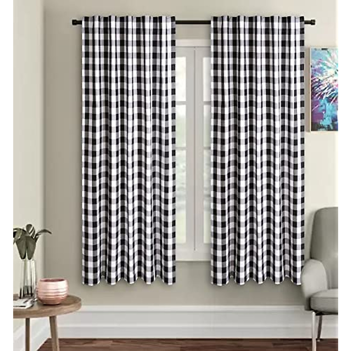 Black White Cotton Curtains, Back Tab Farmhouse Cotton check Curtain 50x72 Inch, Tab Top Bathroom Window Treatment Décor Panel For Kitchen Nursery Livingroom Bed Room Gingham Check Curtains -2 Panels