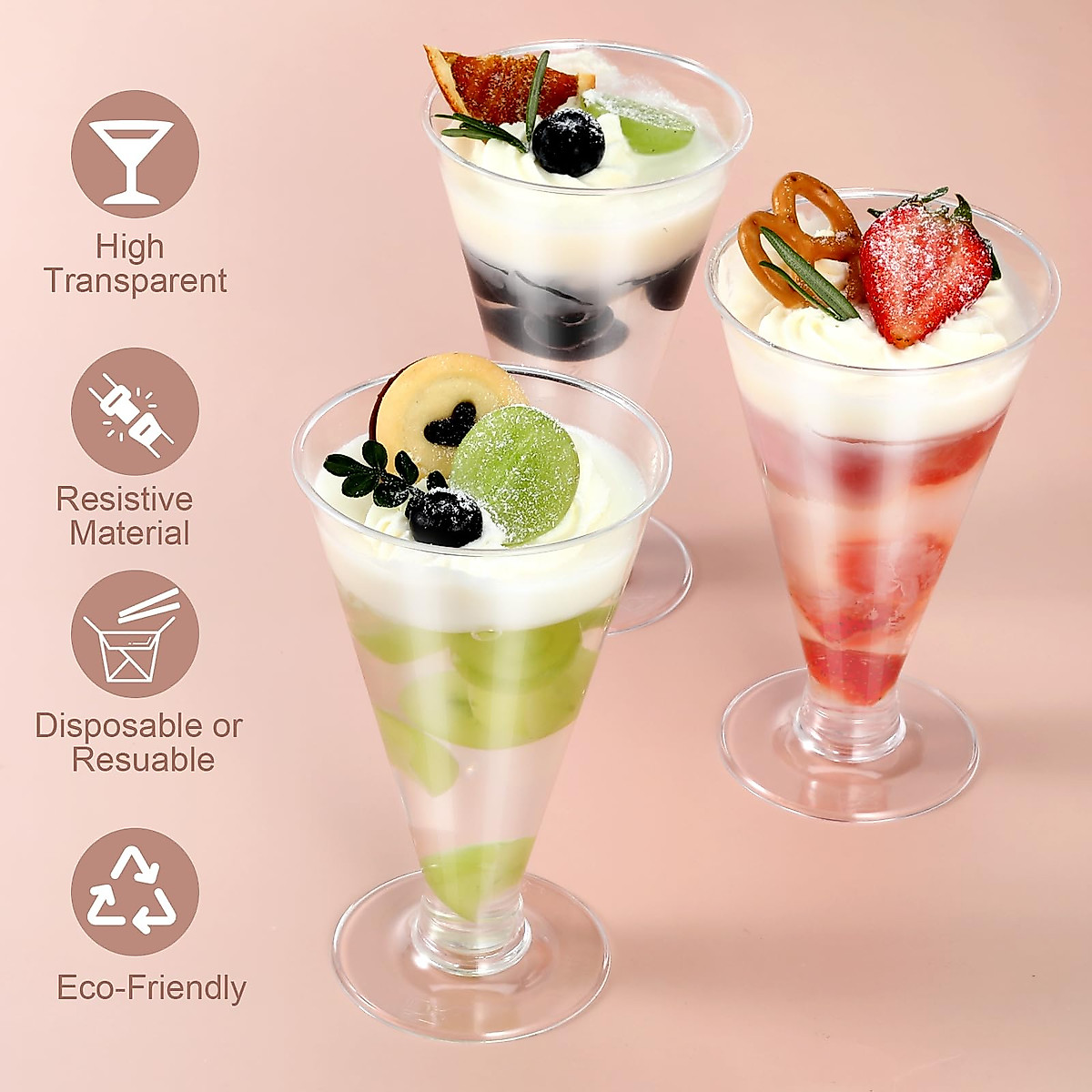 HawHawToys 40 Pack Clear Plastic Martini Glasses 6oz Disposable Cocktail Glasses Dessert Cups with Spoons,Reusable Cocktail Glasses Shooter for Party Champagne,Ice-Cream, Pudding and Trifle