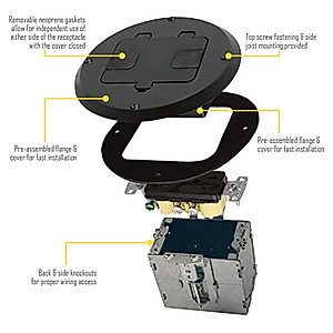 RACO 6239BK Floor Kit with Recessed Duplex 15A TR Device and Adjustable Steel Box, 1-Gang, Black