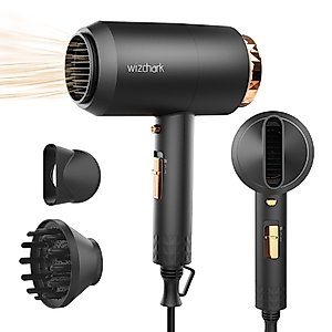 WIZCHARK Hair Dryer with Diffuser, Ceramic Ionic Blow Dryer for Women Curly Hair, Lightweight Compact Professional Salon Hairdryer with Diffuser Attachment, Cool Air Button 2 Speeds/Heats, Black