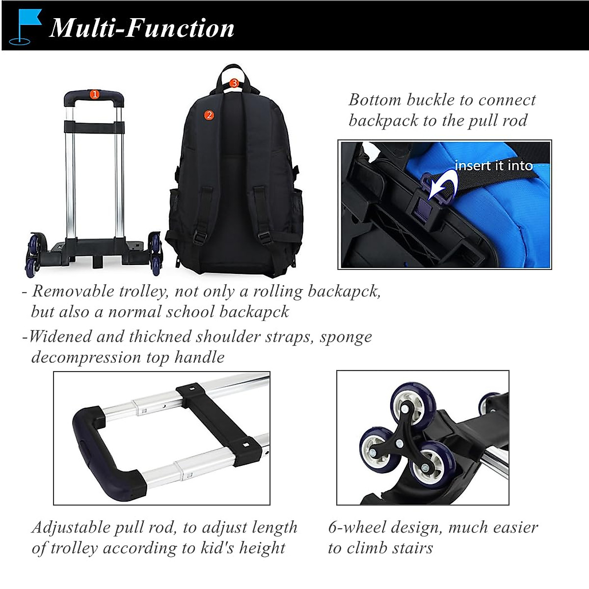 Teens Boys Middle High School Trolley Rolling Backpacks Capacity Wheeled Bookbag School Bags with Six Wheels