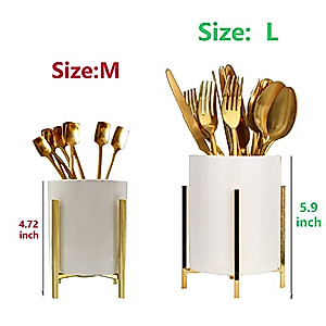 SIEBOLD 2pcs Sturdy Cutlery Holder White Ceramic With Metal Bracket Robust Silverware Caddy For Countertop - Spoon Holder Silverware Caddy(5.9 - 3.9inch) Gold