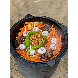 Kazan Cast Iron Cauldron Qazan Qozon Kadai (9L-2.3Gal) + Uchag Oven Stove Wood Fire Duch Oven (36cm-14")