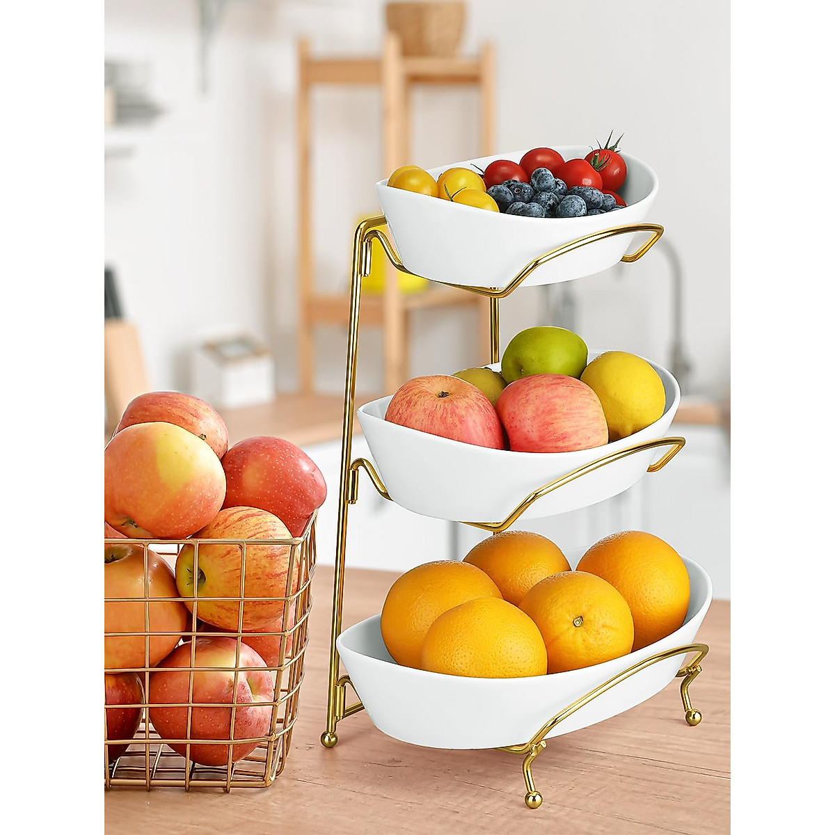 Yedio Fruit Bowls for Kitchen Counter, 3 Tier Ceramic Fruit Basket with Serving Bowls Metal Stand, Tiered White Porcelain Bowls for Fruit Vegetable Storage, Snack, Nuts, Cake, Dessert