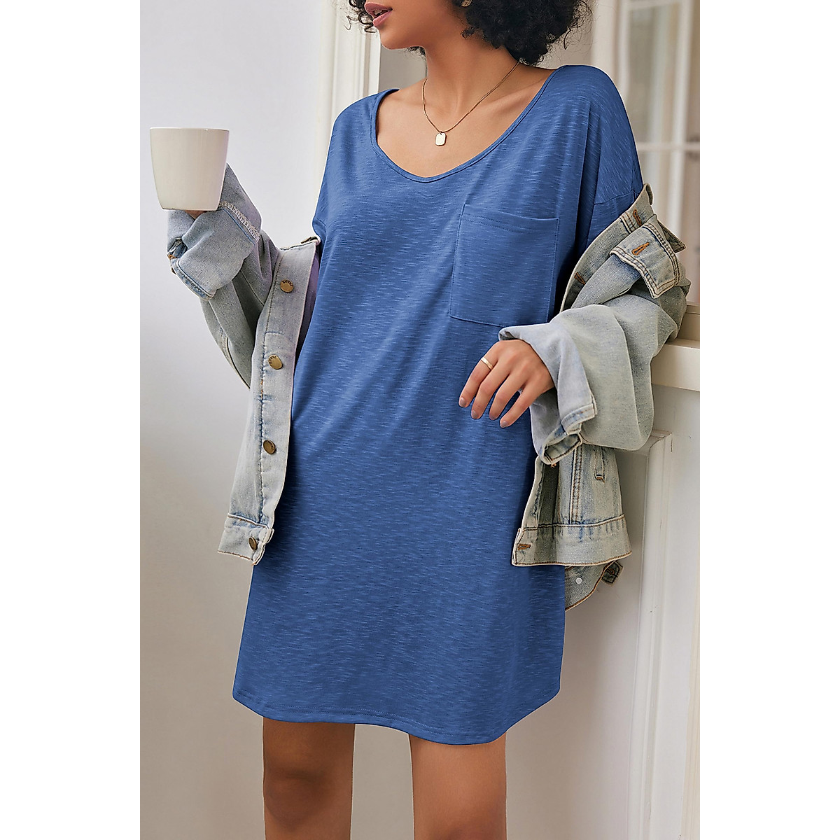 Ekouaer Womens Tshirt Nightgown Cotton V Neck Sleepshirts Comfy Casual Nightshirt for Women, Peacock Blue, XX-Large