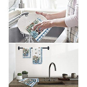 Hokiten Christmas Waffle Kitchen Towels Dishcloths, Xmas Eucalyptus Leaves Winter Cotton Blue Plaid Absorbent Dish Towels | Hand Towels for Bathroom/Bar, 12 x 12 Inch, 2 Pcs