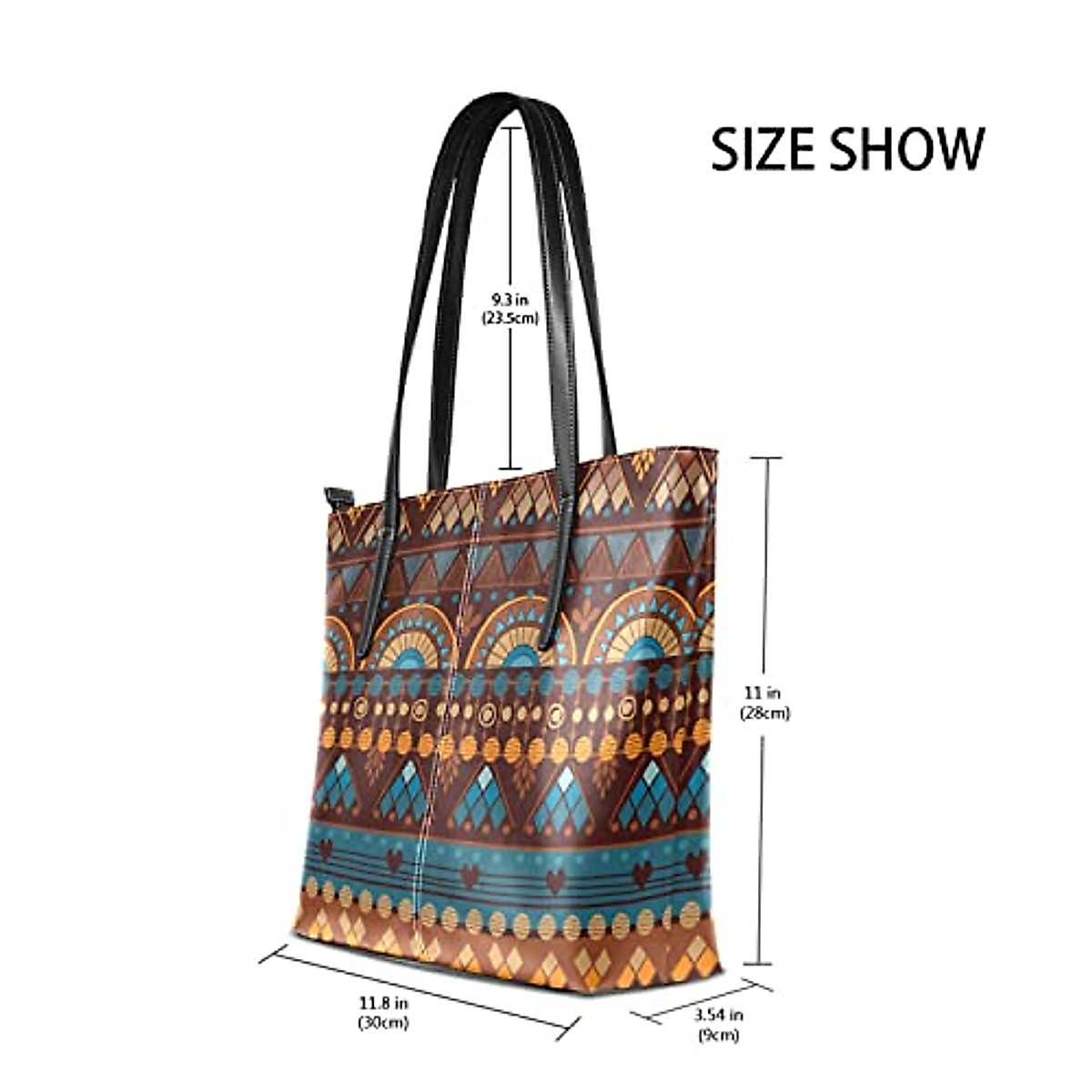 Leather Tote Bag for Women with Zipper Handbags Shoulder Bag African Print Geometric Ethnic Brown Pockets Work Travel Small Office Business