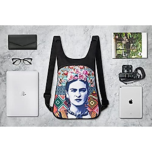 Akitai Frida Kahlo Inspired Backpack - Black Canvas Women Purse - Womens Fashion Art Print Gypsy Bohemian Bag