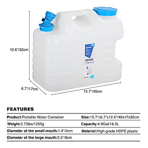 REDCAMP 4.9 Gallon Water Container with Spigot, Portable Emergency Water Storage Tank, BPA Free Water Jug for Camping Outdoor Hiking (18.5L, White)