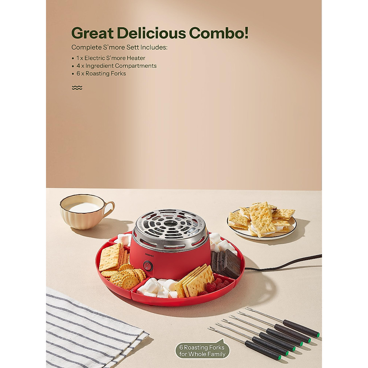 S'mores Maker Tabletop Indoor, Reemix Flameless Electric Marshmallow Roaster with 4 Detachable Trays & 6 Roasting Forks, Date Night Fun Kids Family Activity, Red