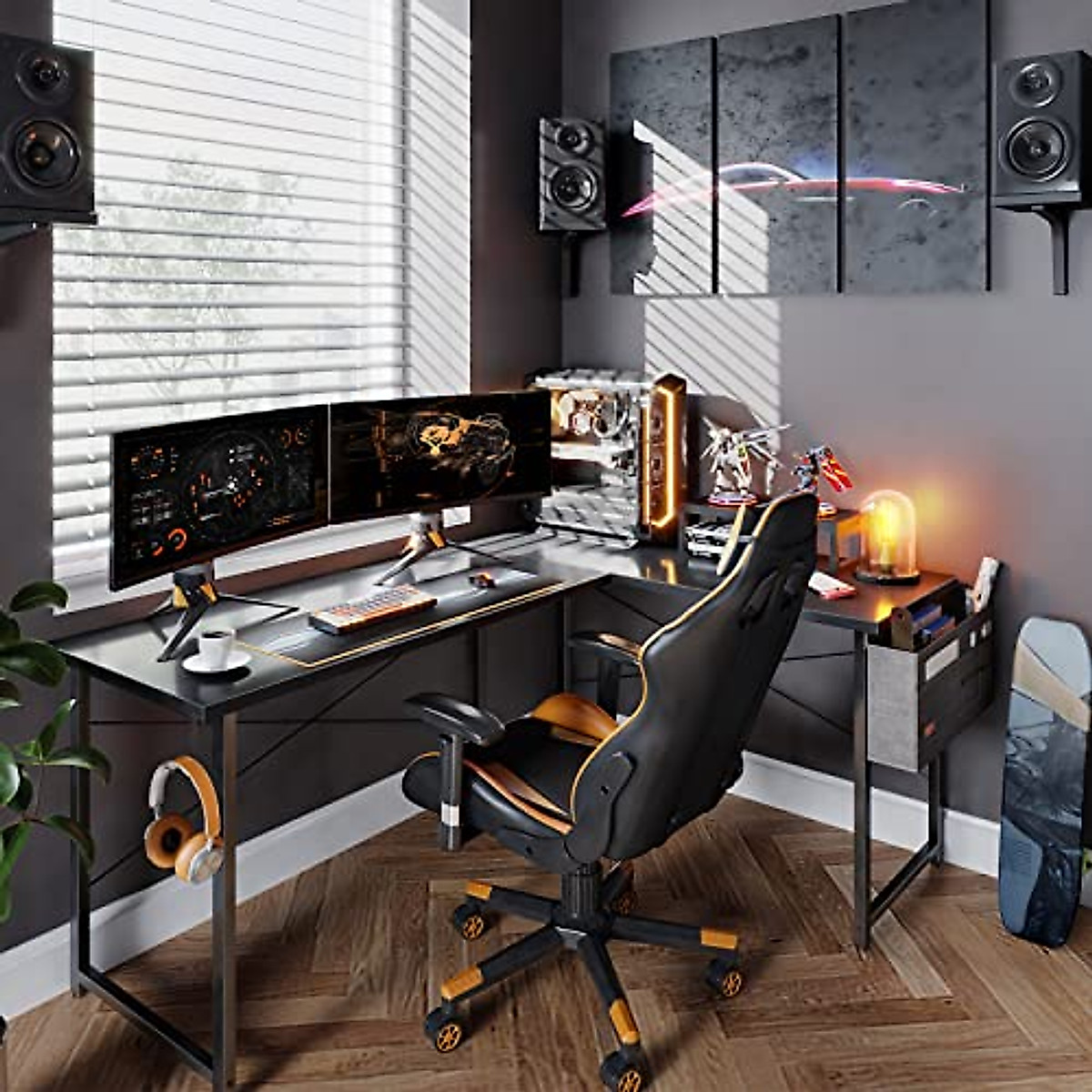 ODK L Shaped Desk, 59" Computer Corner Desk, Gaming Desk, Home Office Writing Desk with Monitor Shelf, Space-Saving Workstation Desk, Modern Simple Wooden Desk, Easy to Assemble, Black