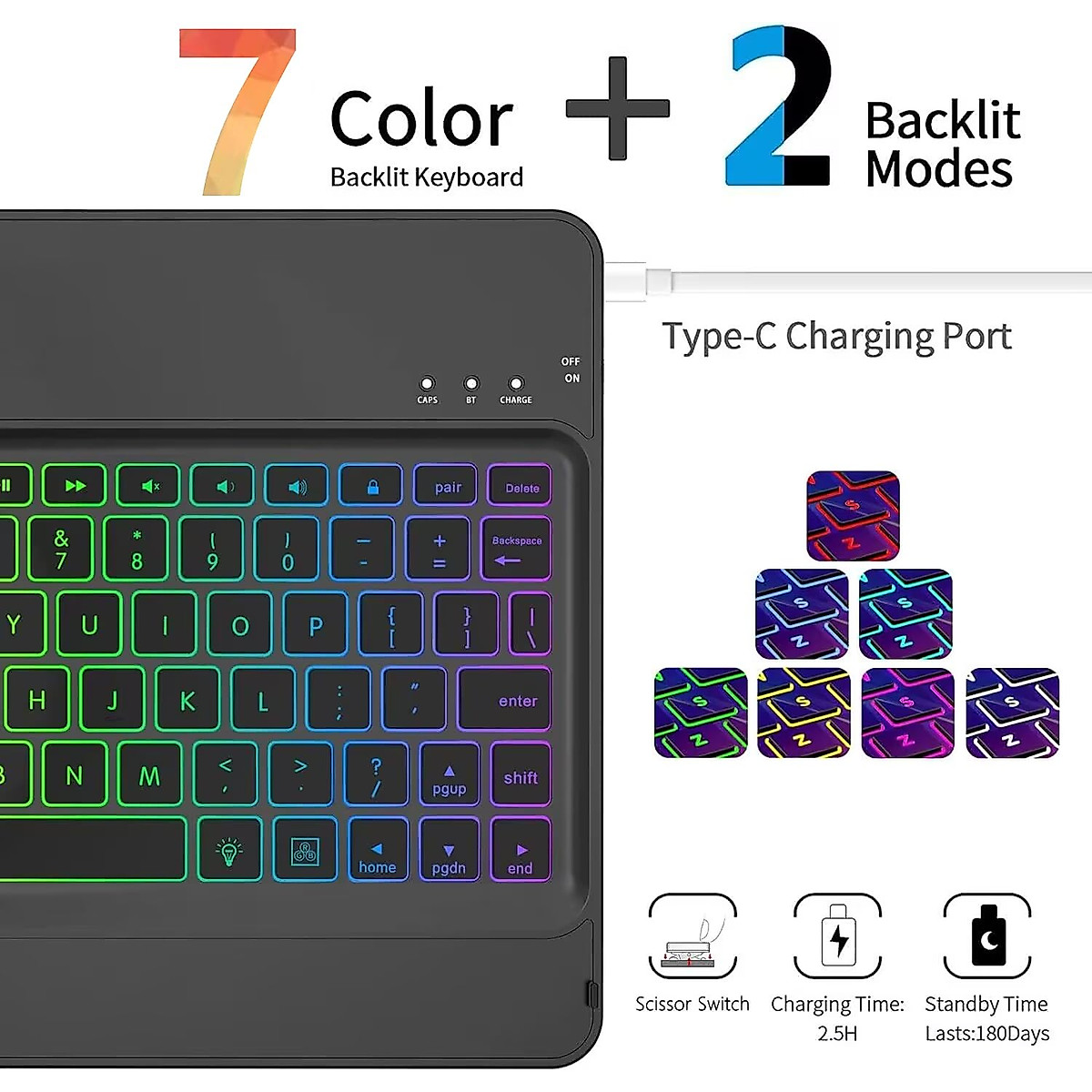 Keyboard Case for iPad 9th Generation,7 Color Backlight iPad Keyboard for 10.2-inch 9th /8th /7th /Air 3/Pro 10.5-inch,360° Rotatable Protective Cover with Apple Pencil Holder(Black)