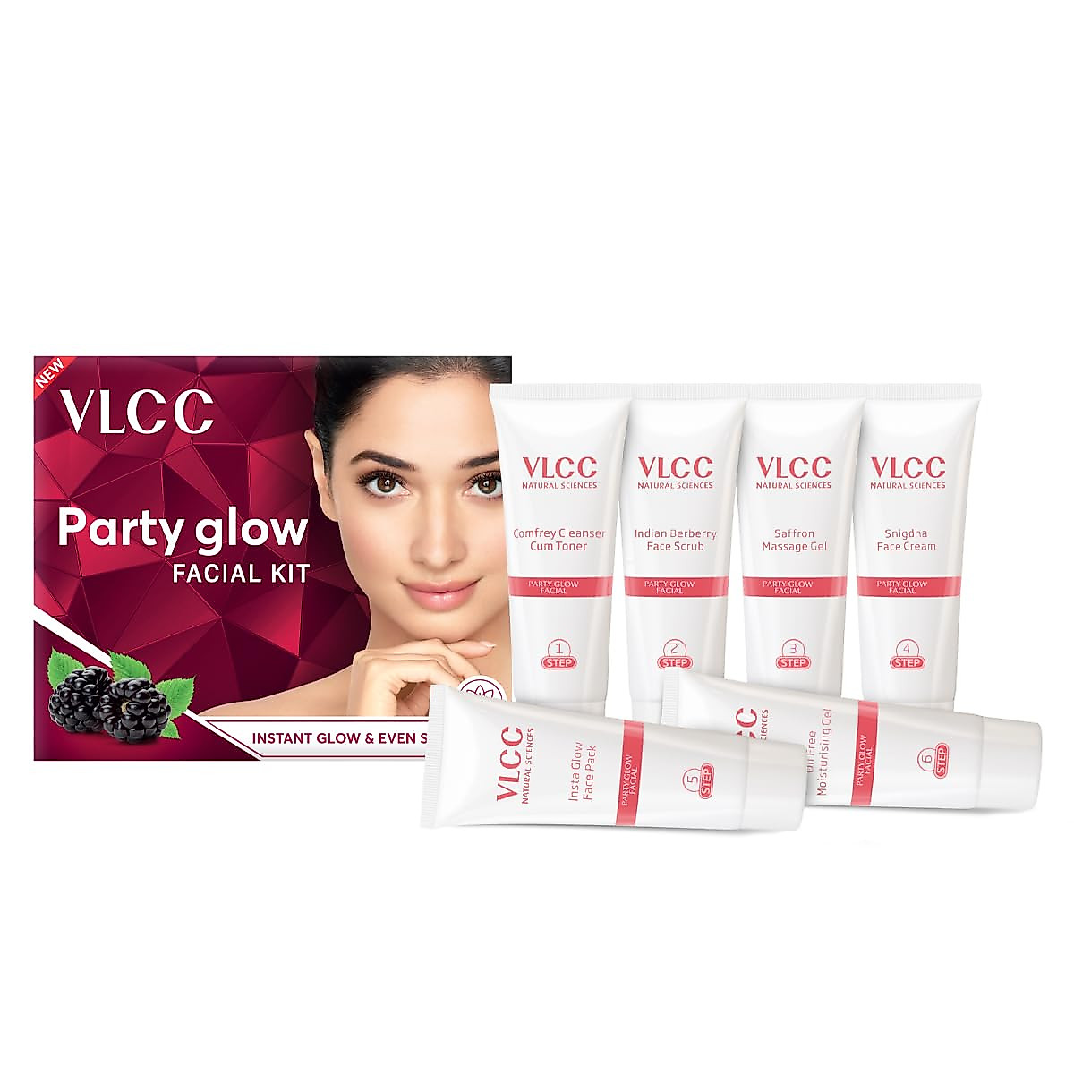 VLCC Party Glow Facial Kit - Single Use | Salon Like Facial at Home in Just 6-Steps | Includes Cleanser, Scrub, Cream, Face Pack & Moisturizing Gels | 2.12 Oz/60g