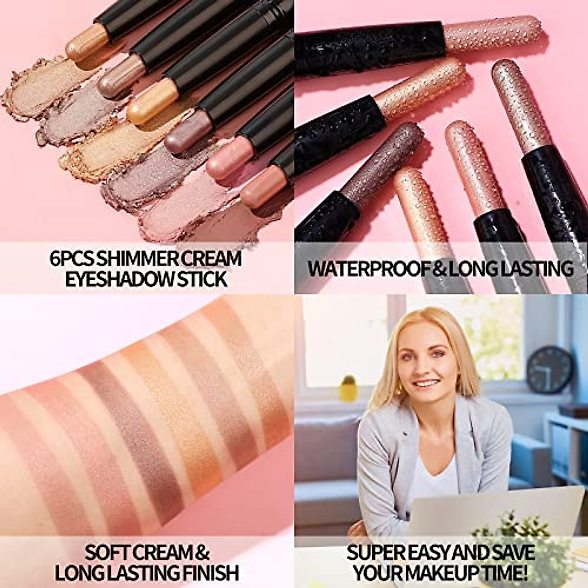 KIMUSE 6PCS Shimmer Cream Eyeshadow Stick,Brightener Eyeshadow Pencil Crayon,Waterproof Eye Shadow Stick Sets with Crease-proof, Smudge-proof and Long Lasting Eye Shadow Make Up