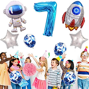 Kawailay Astronaut Rocket 7th Birthday Party Balloons Jumbo Spaceman Birthday Balloons Outer Space Theme Foil Balloons 32 Inch Blue Number 7 Helium Balloon for Birthday Party