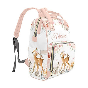 Yeshop Deer Bunny Floral Pink Woodland Multi-Function Personalized Diaper Bag Backpack Tote with Name,Custom Travel Nappy Mommy for Baby Girl Boy Gift, 10.83 inches * 6.69 inches* 15