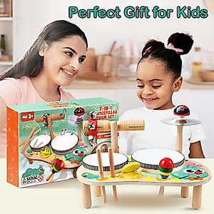 Kids Drum Set for Toddlers: Montessori Musical Instruments Set Toddler Toys - 7 in 1 Wooden Musical Kit Baby Sensory Educational Toys Christmas Birthday Gifts for Boys & Girls Age 2 3