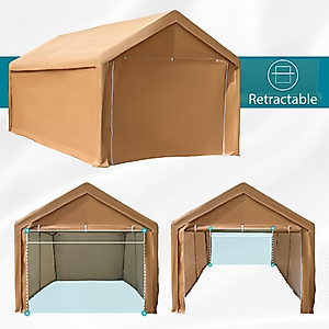 PHI VILLA 10x20 ft Heavy Duty Carport Car Canopy Garage Extra Storage Shelter Boat Party Tents Shed with Removable Sidewalls and Doors, Beige