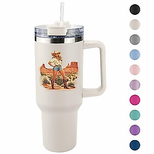40 Oz Insulated Tumbler with Handle and Straw,Hat Girl In Desert Stainless Steel Vacuum Insulated Travel Mug,Leak-proof Water Bottle Iced Coffee Cup,Rustic Cartoon Western Cowgirl
