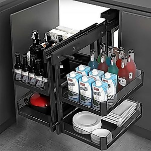 AHDFY 2 Tier Dish Rack, Full Open Kitchen Aid Dish Rack, Blind Corner Cabinet Pull Out Seasoning Dish Basket for Cabinet Pantry Kitchen Cupboard