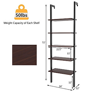 Tangkula Industrial Ladder Shelf Against The Wall, 5-Tier Ladder Bookshelf w/Metal Frame, 72 Inches Open Bookcase Plant Flower Stand Display Storage Rack for Home Office