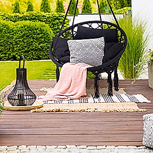 KROFEM Macrame Hammock Hanging Swinging Chair, Perfect for Bedroom, Porch, Kids, Adults, Balcony with Thick Cushion Black (Ceiling Mounting Hardware Not Included)