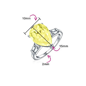 Bridal Wedding 7CT Canary Yellow AAA CZ Pear Shaped Brilliant Cut Solitaire Teardrop Statement Engagement Ring For Women Thin Band .925 Sterling Silver Cubic Zirconia Baguette Side Stones
