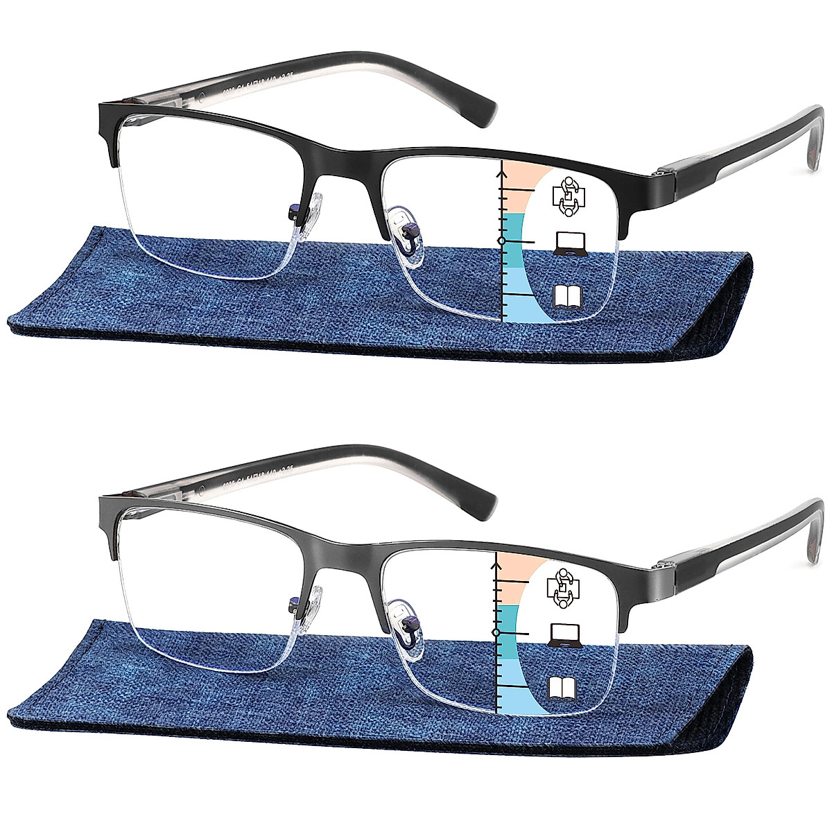 Bifocal Reading Glasses for Men, No Line Bifocals Progressive MultiFocus Readers, Wide Clear Top Transition Non Prescription Multifocal Eyeglasses,Large Anti Blue Light Multi focals Half Frame +1.75