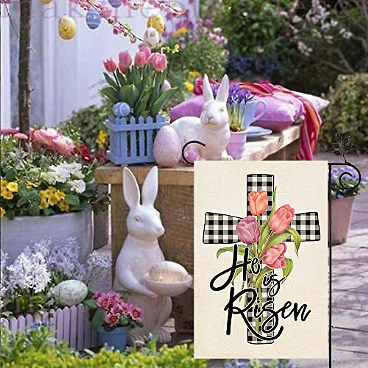 ORTIGIA Easter Cross Garden Flag Double Sided Buffalo Plaid Cross Tulip Flowers He is Risen Religious Garden Flag Spring Seasonal Outdoor Outside Yard Lawn Decoration 12x18 Inch