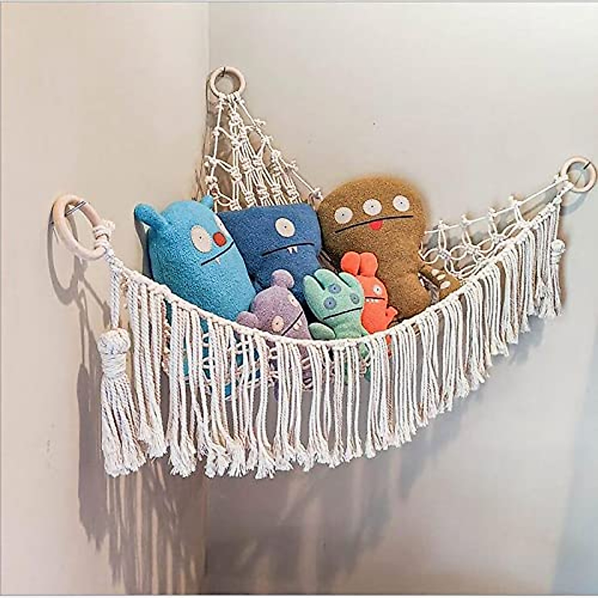 Storage Hammock Stuffed Toy Organizer, Plush Animals Fruit Vegetable Holder, Boho Wall Sling Corner Cotton Rope Hand-woven Mesh Net Bag, Stuff Display Easily (Medium)