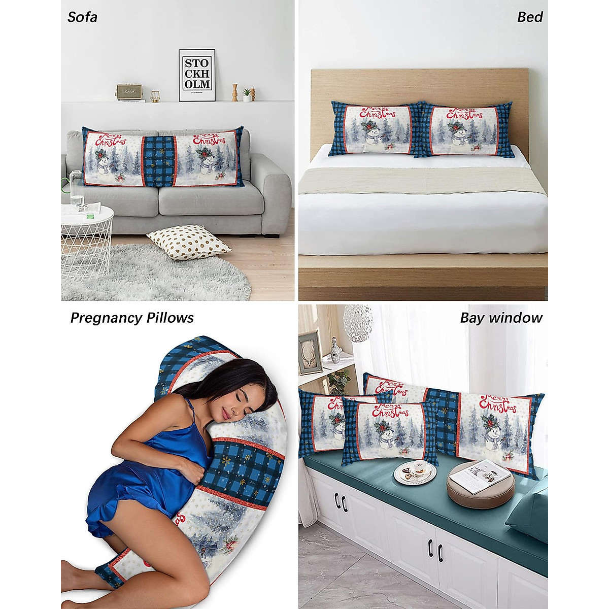 Christmas Plaid Snowman Pillow Covers King Standard Set of 2 20x36 Bed Pillow, Plush Soft Comfort for Hair/ Skin Cooling Pillowcases with Envelop Closure Throw Covers Buffalo Snowflake Snow Tree