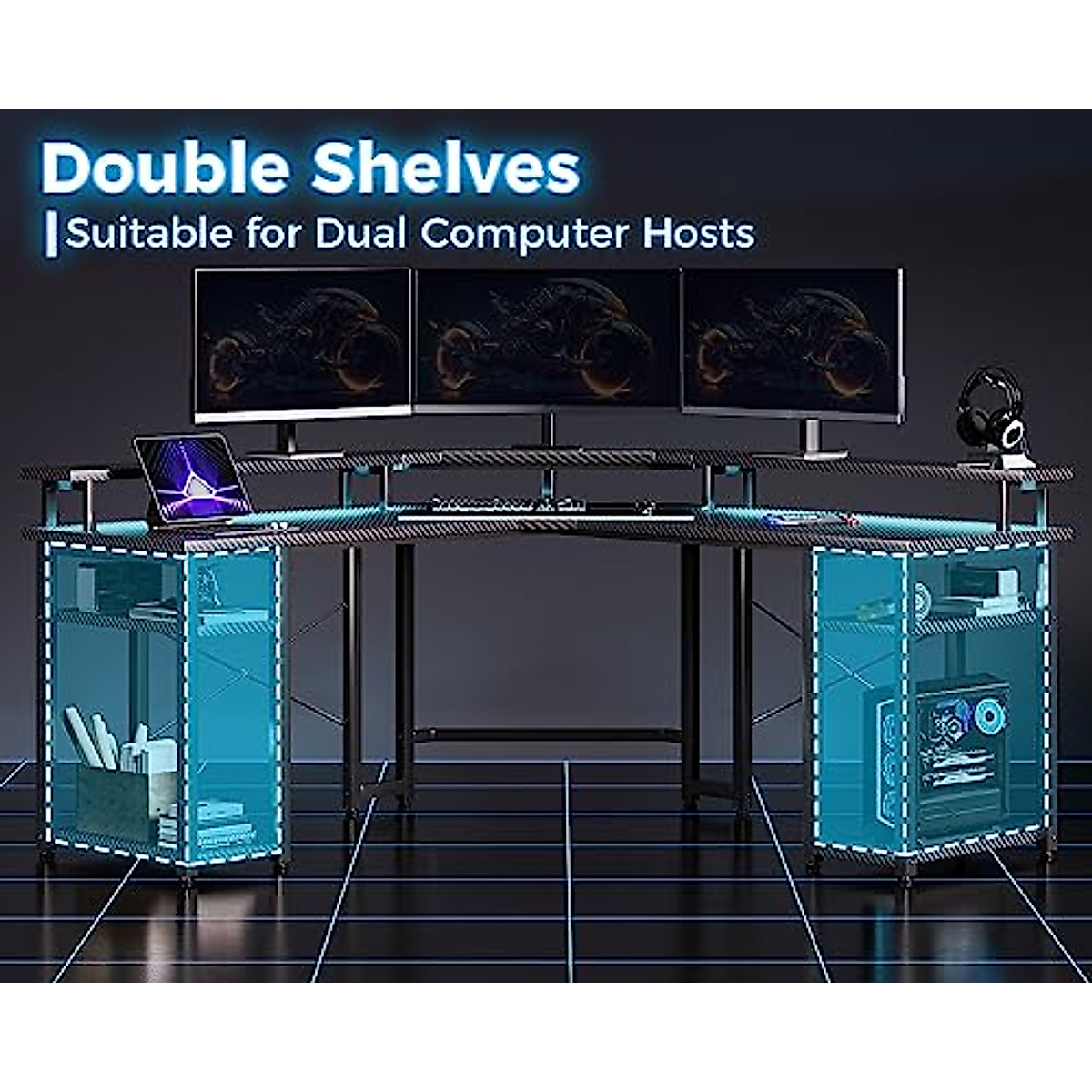 Coleshome L Shaped Gaming Desk with LED Lights & Power Outlets, Reversible 56" Computer Desk with Full Monitor Stand & Storage Shelves, Ergonomic Home Office Corner Desk, Black Carbon Fiber